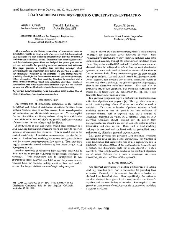 Pdf Load Modeling For Distribution Circuit State Estimation