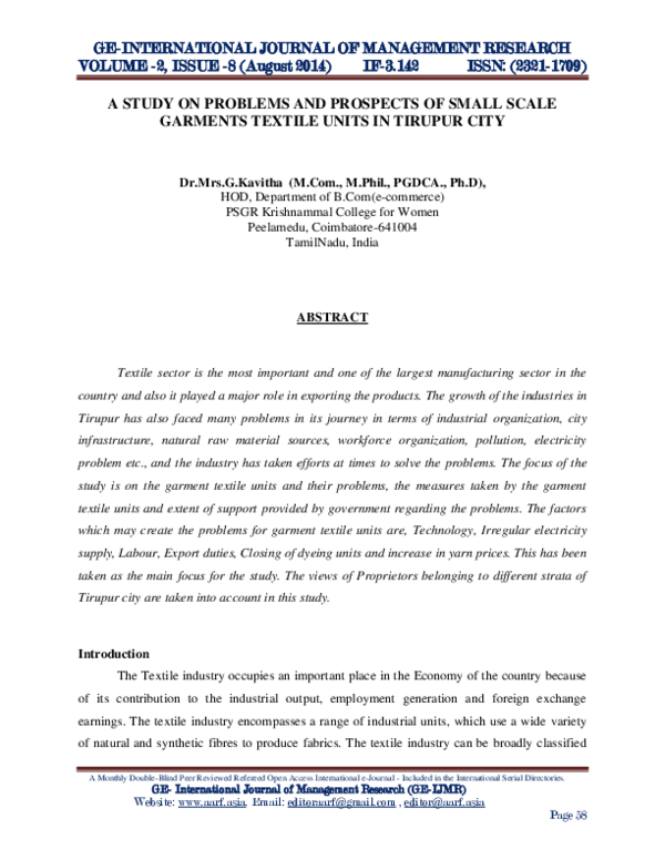 (PDF) A STUDY ON PROBLEMS AND PROSPECTS OF SMALL SCALE GARMENTS TEXTILE ...