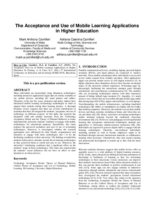 Pdf The Acceptance And Use Of Mobile Learning Applications In Higher