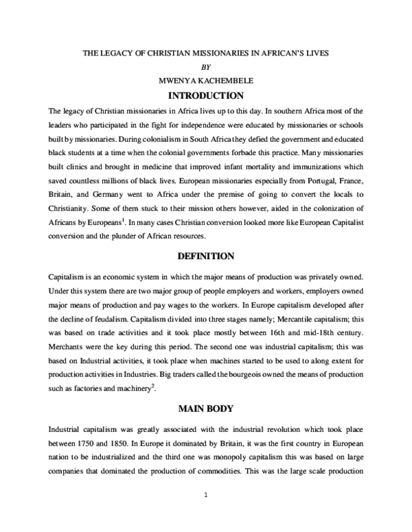 (PDF) THE LEGACY OF CHRISTIAN MISSIONARIES IN AFRICAN'S LIVES