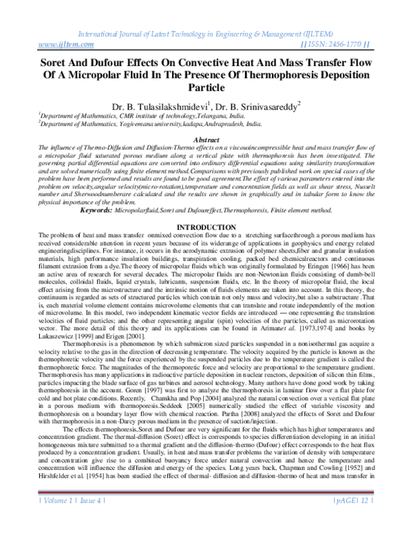 (PDF) Soret And Dufour Effects On Convective Heat And Mass Transfer Flow Of A Micropolar Fluid ...