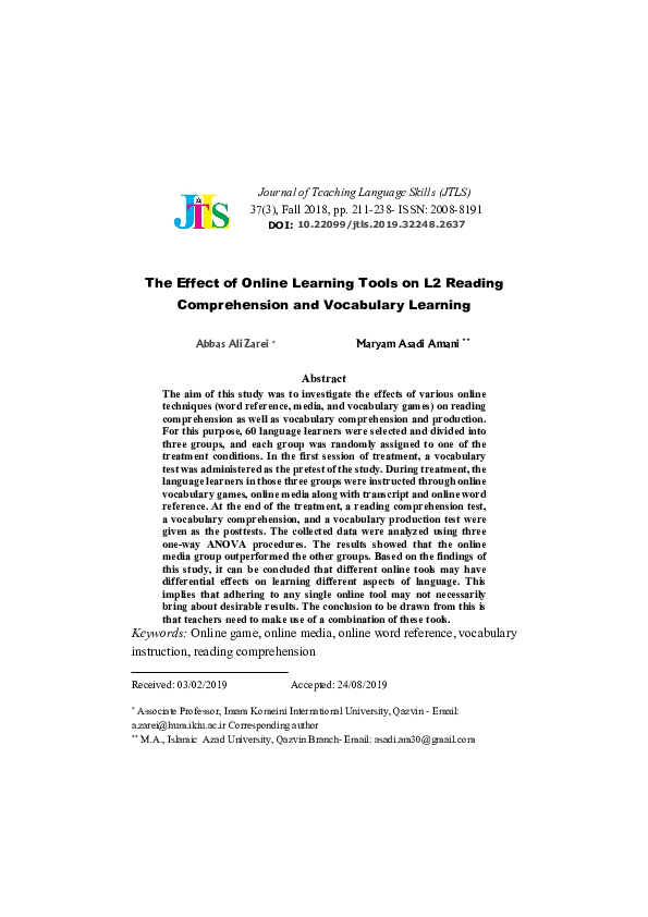 (PDF) The Effect of Online Learning Tools on L2 Reading Comprehension and Vocabulary Learning