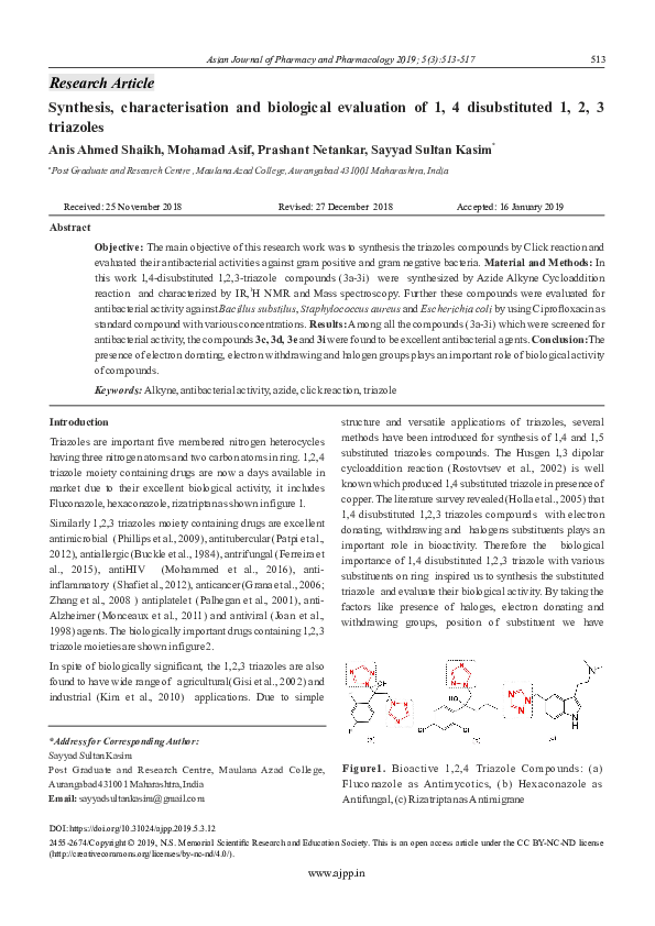 (PDF) Synthesis, characterisation and biological evaluation of 1, 4 disubstituted 1, 2, 3 triazoles