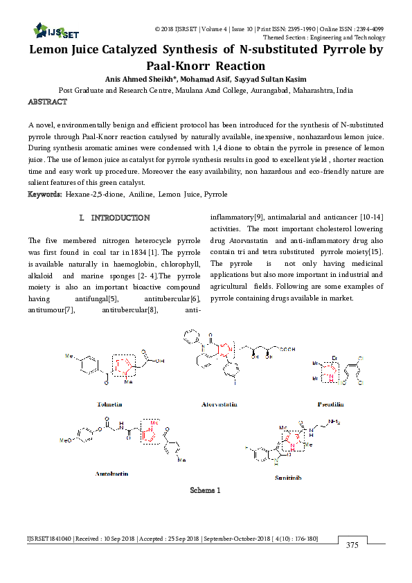 (PDF) Lemon Juice Catalyzed Synthesis of N-substituted Pyrrole by Paal ...