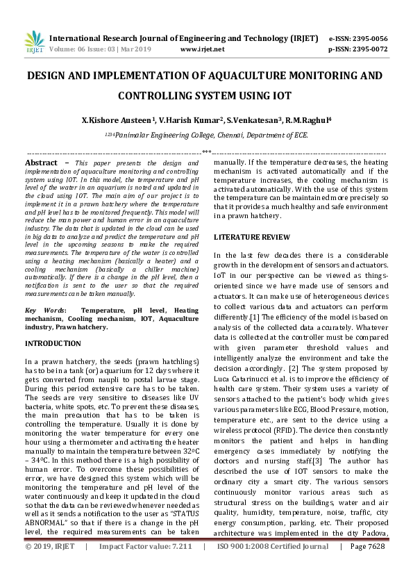Pdf Irjet Design And Implementation Of Aquaculture Monitoring And Controlling System Using