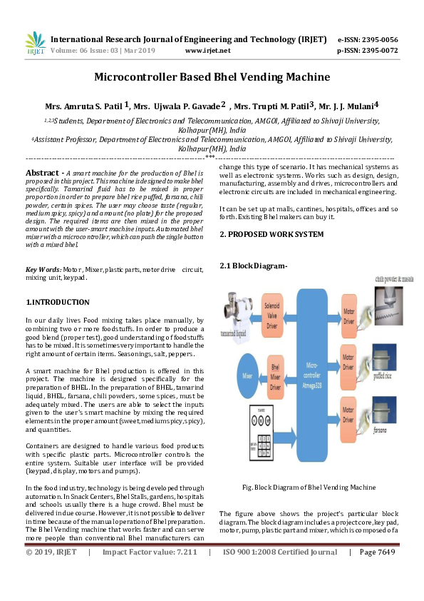 (PDF) IRJET- Microcontroller Based Bhel Vending Machine