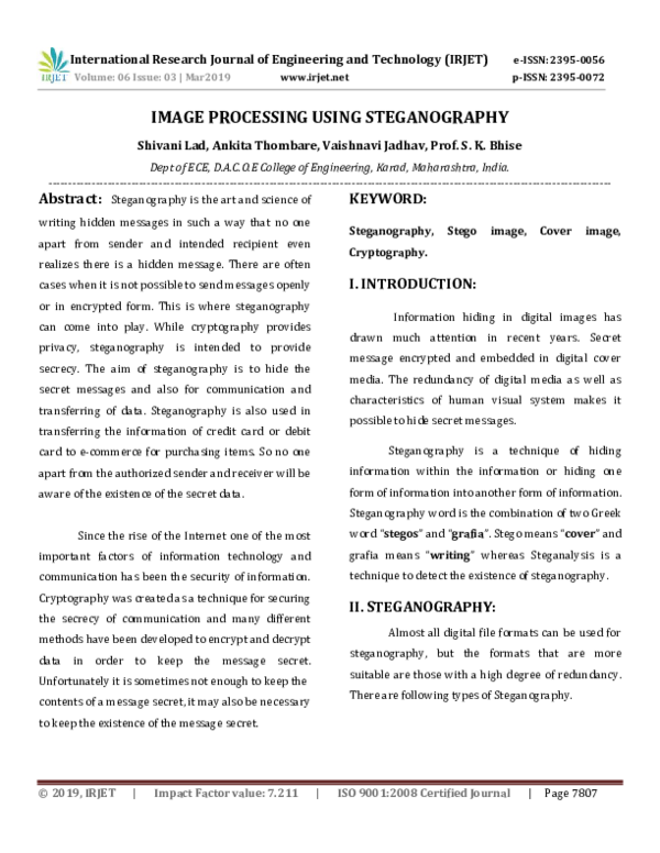 (PDF) IRJET- IMAGE PROCESSING USING STEGANOGRAPHY