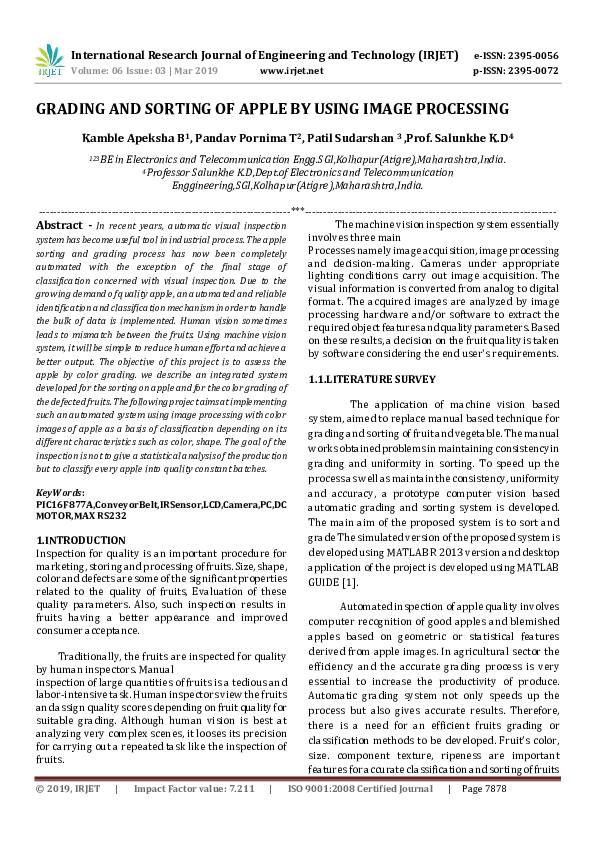 (PDF) IRJET- GRADING AND SORTING OF APPLE BY USING IMAGE PROCESSING
