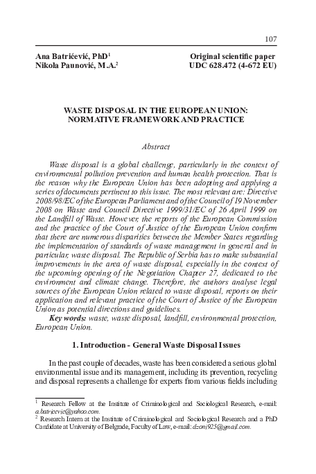 (PDF) Waste Disposal in the European Union Normative Framework and Practice