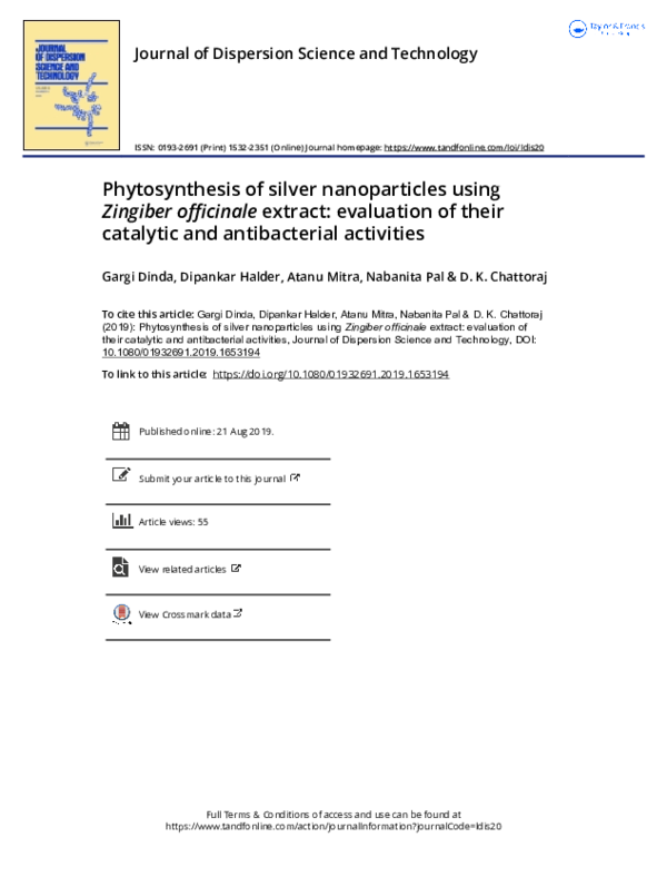 (PDF) Phytosynthesis of silver nanoparticles using Zingiber officinale extract: evaluation of ...