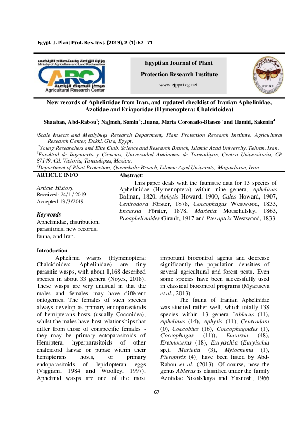 (PDF) New records of Aphelinidae from Iran, and updated checklist of ...