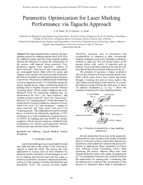 Pdf Parametric Optimization For Laser Marking Performance Via Taguchi Approach