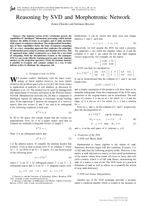 (PDF) Reasoning by SVD and Morphotronic Network