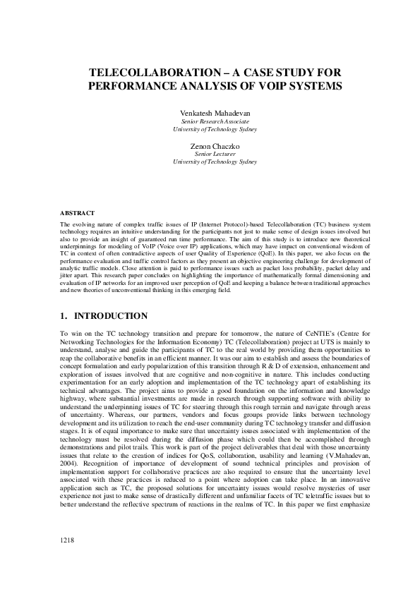 (PDF) Telecollaboration: a case study for the performance of VoIP systems