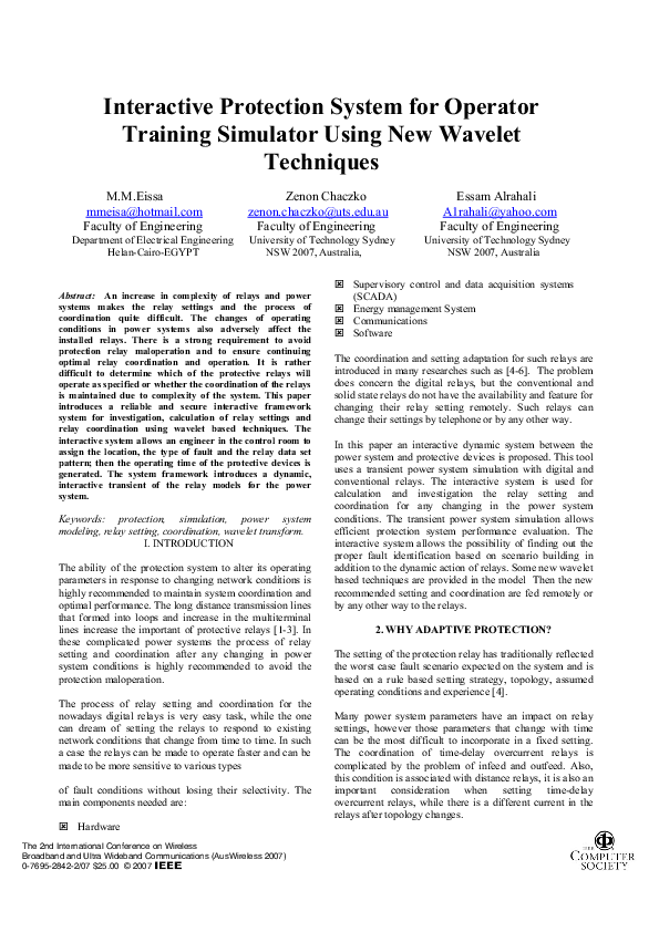 (PDF) Interactive Protection System for Operator Training Simulator Using New Wavelet Techniques