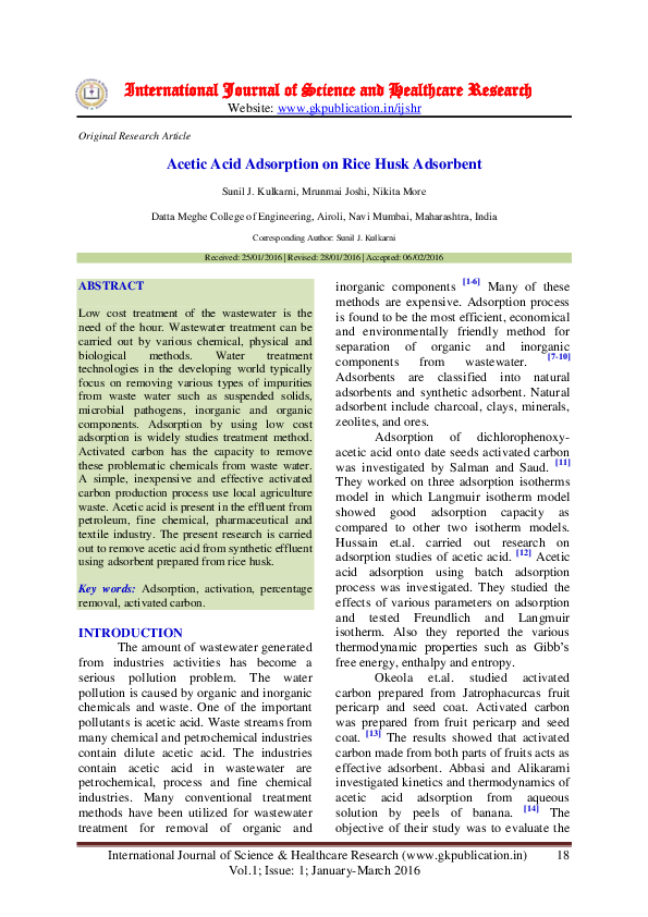 (PDF) Acetic Acid Adsorption on Rice Husk Adsorbent