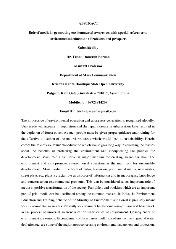 (DOC) Role of media in generating environmental awareness with special ...