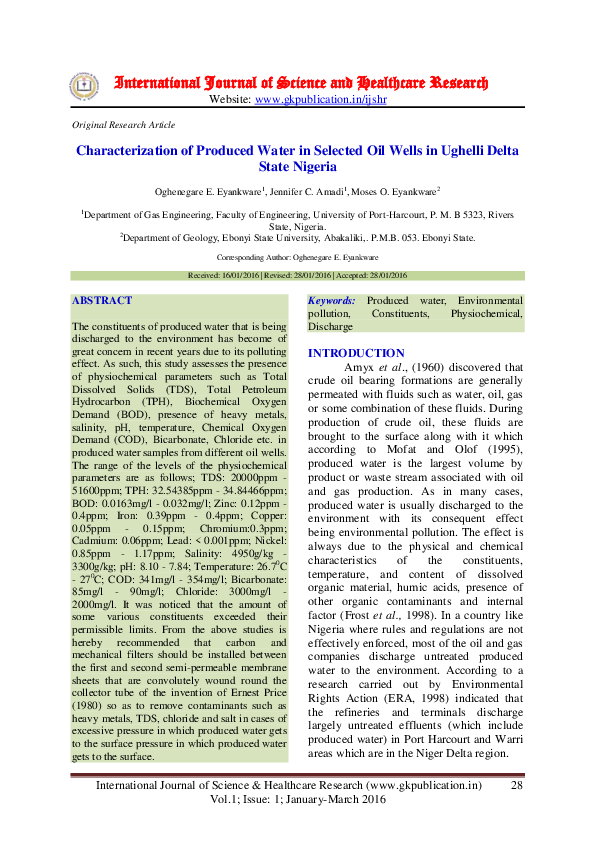 (PDF) Characterization of Produced Water in Selected Oil Wells in ...
