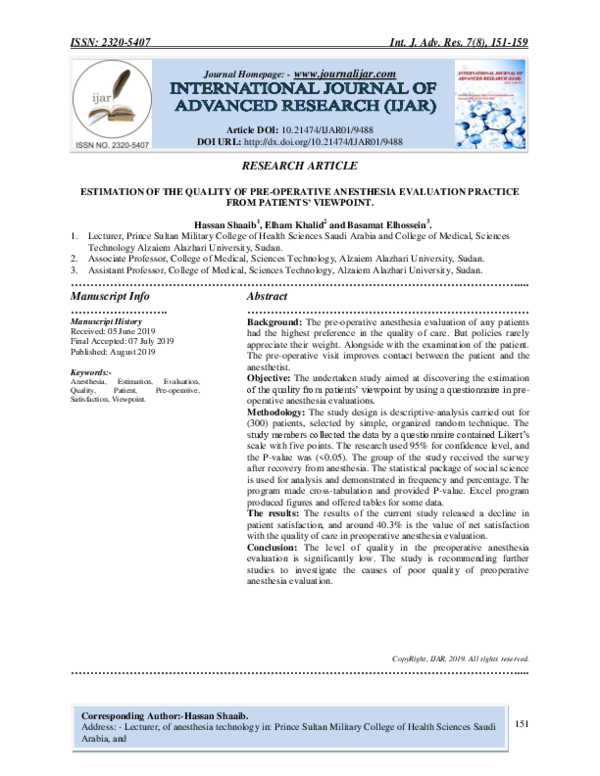 (PDF) ESTIMATION OF THE QUALITY OF PRE-OPERATIVE ANESTHESIA EVALUATION ...