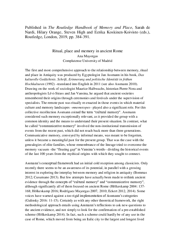 (PDF) Ritual, Place and Memory in Ancient Rome