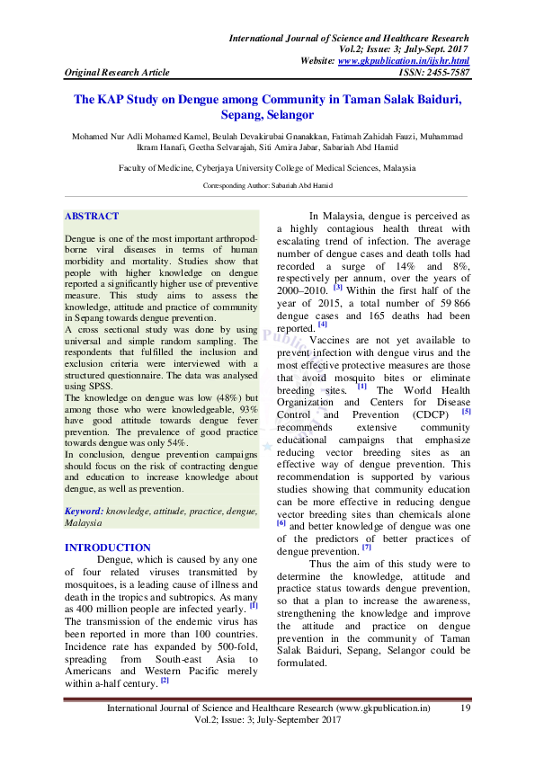 (PDF) The KAP Study on Dengue among Community in Taman Salak Baiduri ...