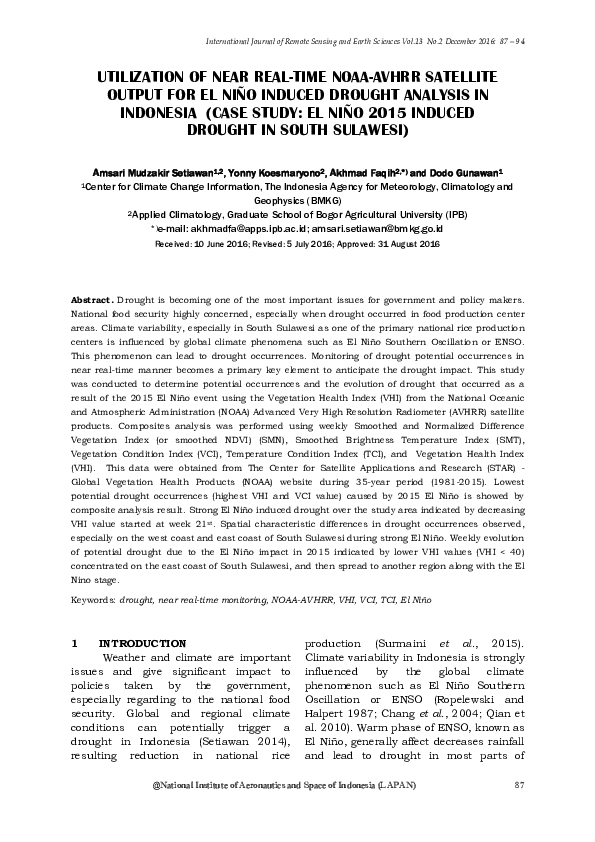 Pdf Utilization Of Near Real Time Noaa Avhrr Satellite Output For El