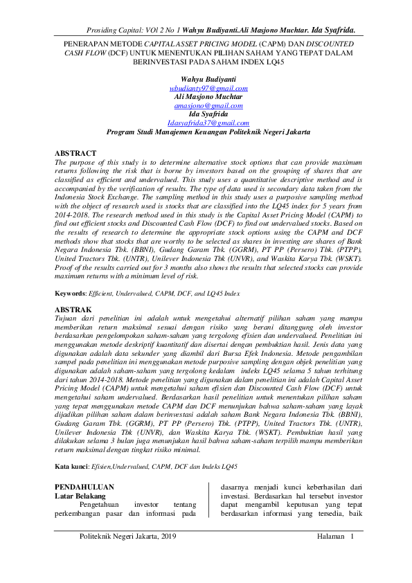 (PDF) PENERAPAN METODE CAPITAL ASSET PRICING MODEL (CAPM) DAN DISCOUNTED CASH FLOW (DCF) UNTUK ...