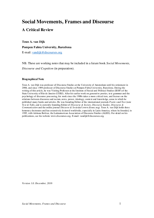 (PDF) Social Movements, Frames and Discourse A Critical Review