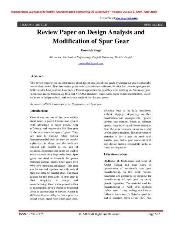 (PDF) Review Paper on Design Analysis and Modification of Spur Gear