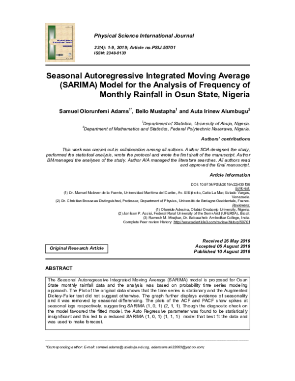 Pdf Seasonal Autoregressive Integrated Moving Average Sarima Model For The Analysis Of