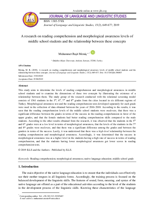 (PDF) A Research on Reading Comprehension and Morphological Awareness ...