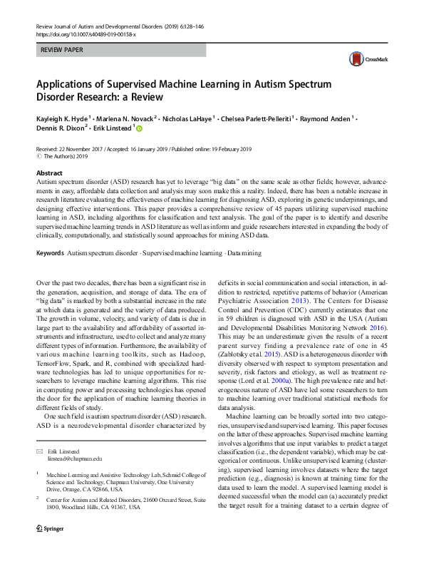 (PDF) Applications of Supervised Machine Learning in Autism Spectrum ...