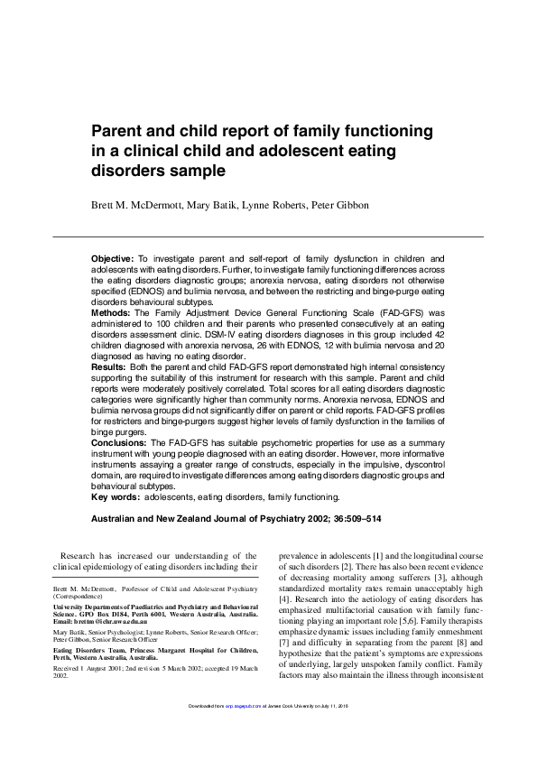 (PDF) Parent and child report of family functioning in a clinical child and adolescent eating ...