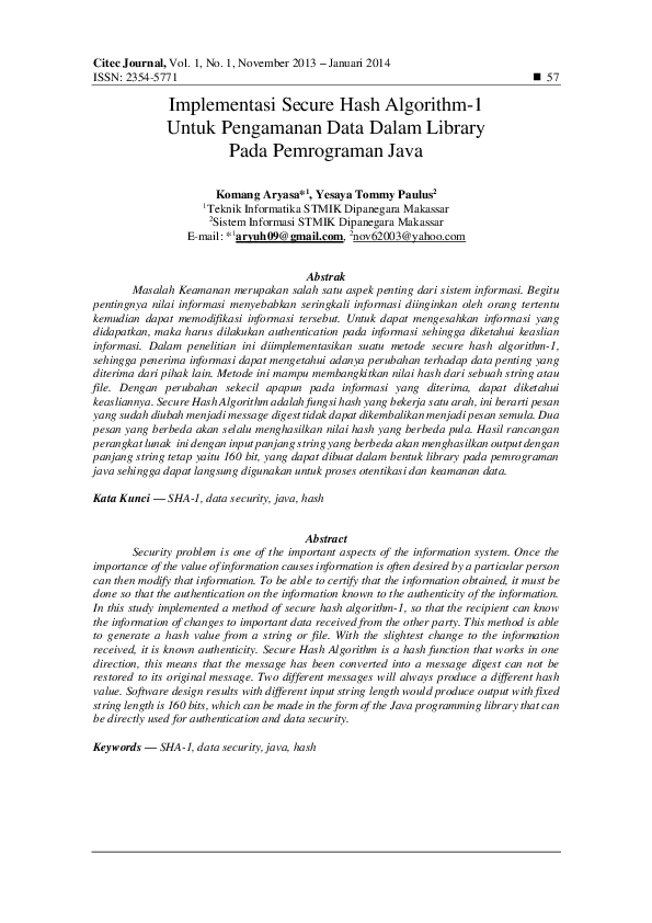 (PDF) Implementasi Secure Hash Algorithm-1 Untuk Pengamanan Data Dalam Library