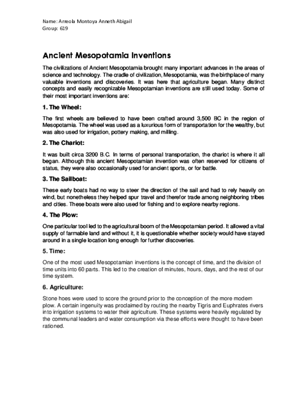 (DOC) Ancient Mesopotamia Inventions