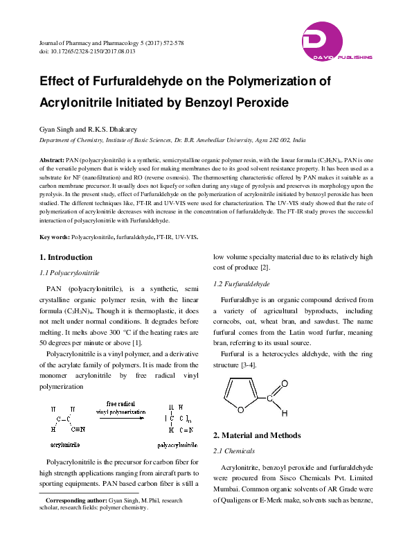 (PDF) Effect of Furfuraldehyde on the Polymerization of Acrylonitrile ...
