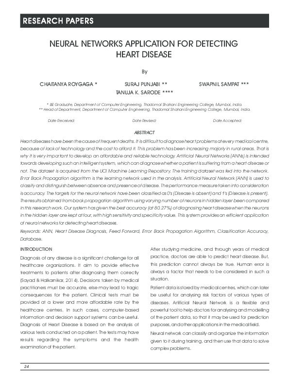 (PDF) NEURAL NETWORKS APPLICATION FOR DETECTING HEART DISEASE