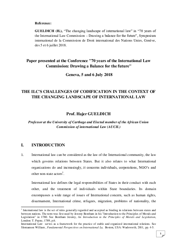 (PDF) THE ILC'S CHALLENGES OF CODIFICATION IN THE CONTEXT OF THE ...