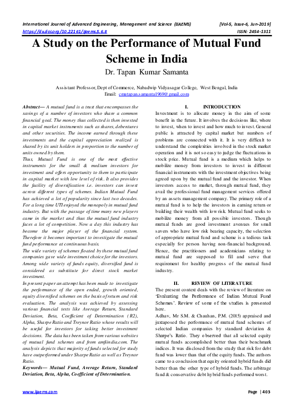 (PDF) A Study on the Performance of Mutual Fund Scheme in India