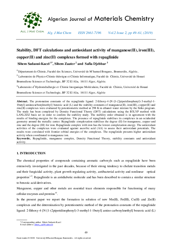 (PDF) Stability, DFT calculations and antioxidant activity of manganese(II), iron(III), copper ...