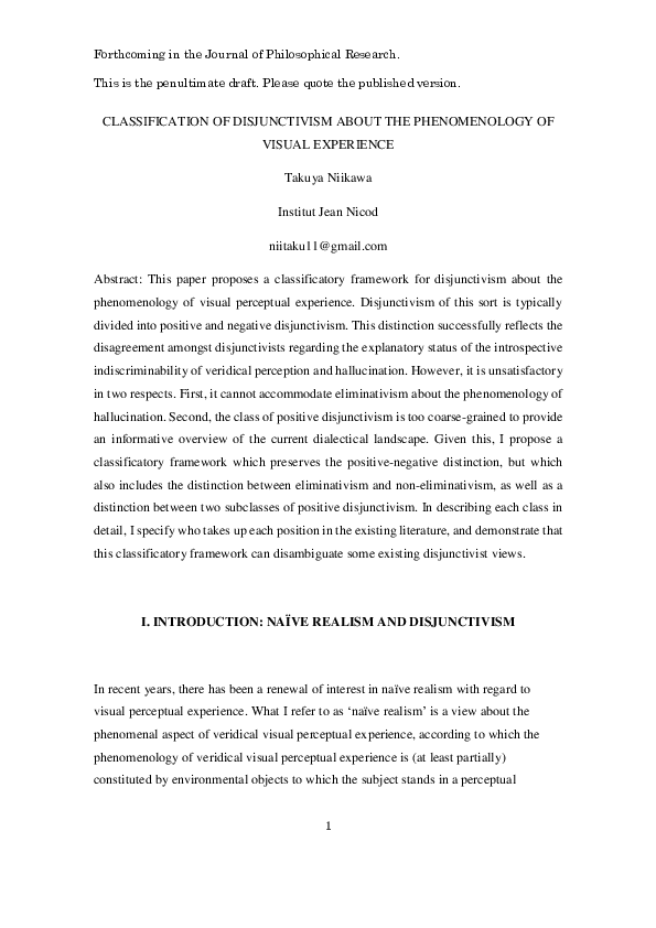 (DOC) CLASSIFICATION OF DISJUNCTIVISM ABOUT THE PHENOMENOLOGY OF VISUAL ...