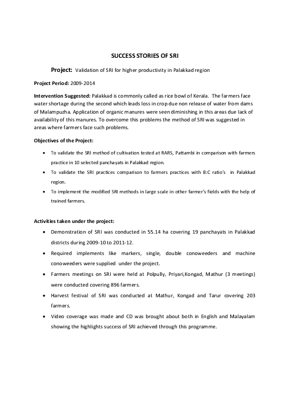 (PDF) SUCCESS STORIES OF SRI Project: Validation of SRI for higher ...