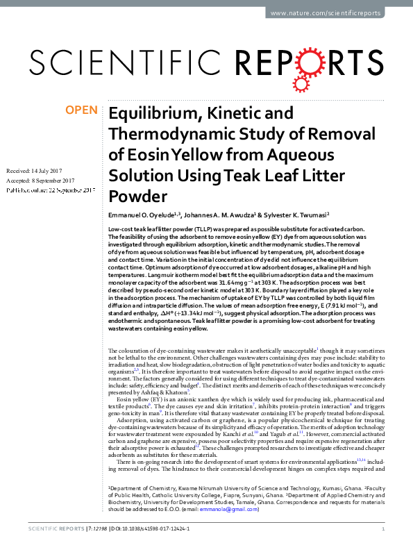 (PDF) Equilibrium, Kinetic and Thermodynamic Study of Removal of Eosin Yellow from Aqueous ...