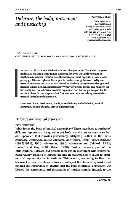 (PDF) Dalcroze, the Body, Movement and Musicality