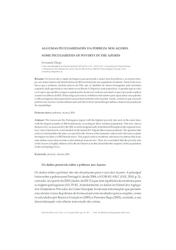 (PDF) ALGUMAS PECULIARIDADES DA POBREZA NOS AÇORES SOME PECULIARITIES ...