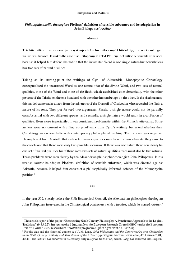 (DOC) ‘Philosophia ancilla theologiae: Plotinus’ definition of sensible ...