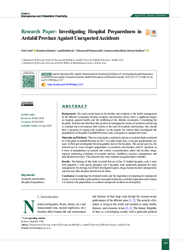 (PDF) Research Paper: Investigating Hospital Preparedness in Ardabil ...