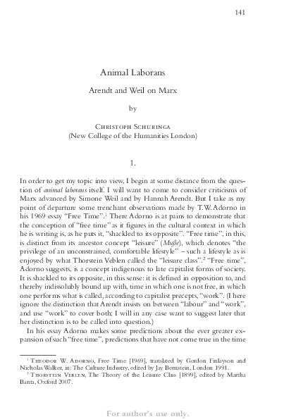 (PDF) Animal Laborans: Arendt and Weil on Marx