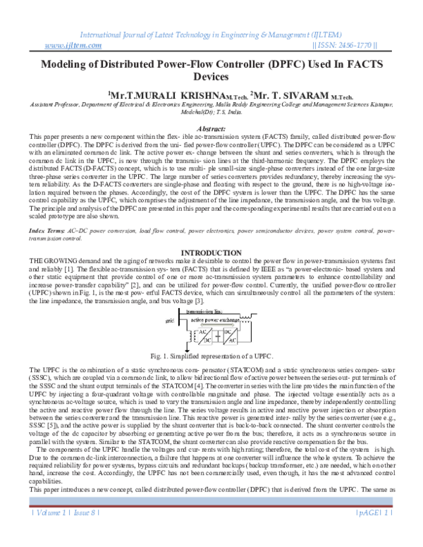 Pdf Modeling Of Distributed Power Flow Controller Dpfc Used In Facts Devices 