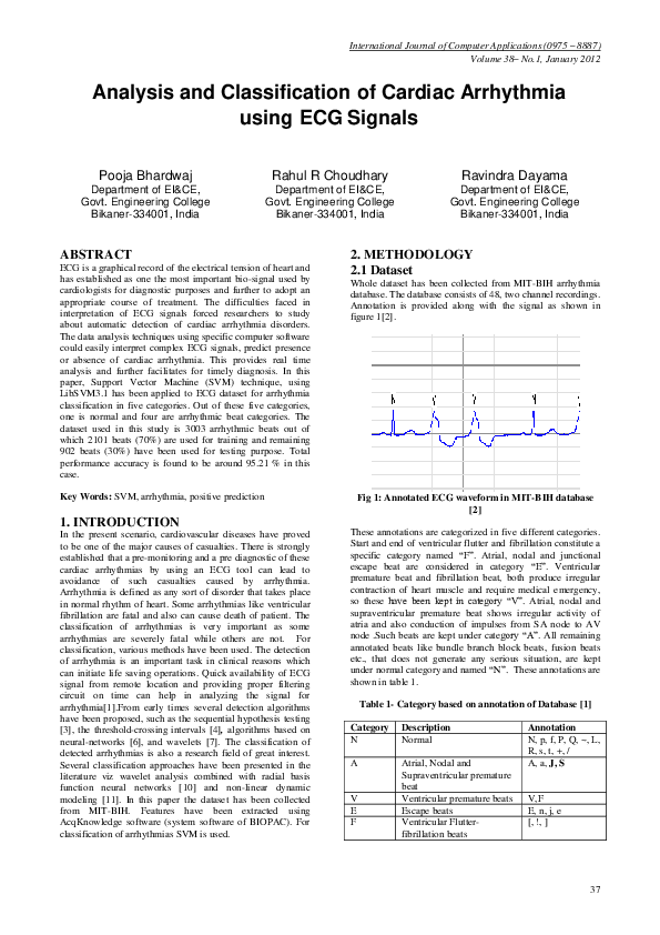 (PDF) Analysis and Classification of Cardiac Arrhythmia using ECG Signals (PDF) Analysis and Classification of Cardiac Arrhythmia using ECG Signals